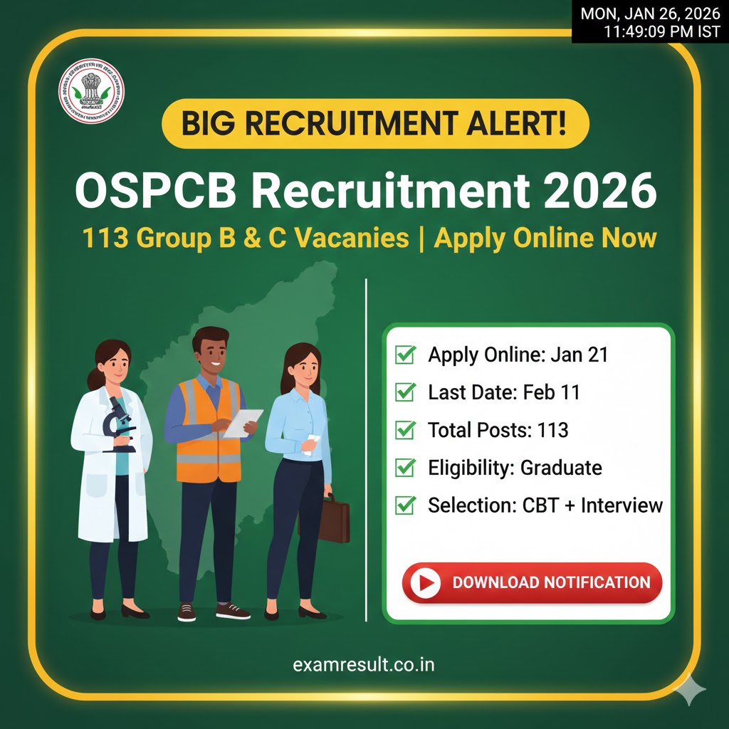 OSPCB Recruitment 2026: Apply Online for 113 Group B&C posts - Exam Result